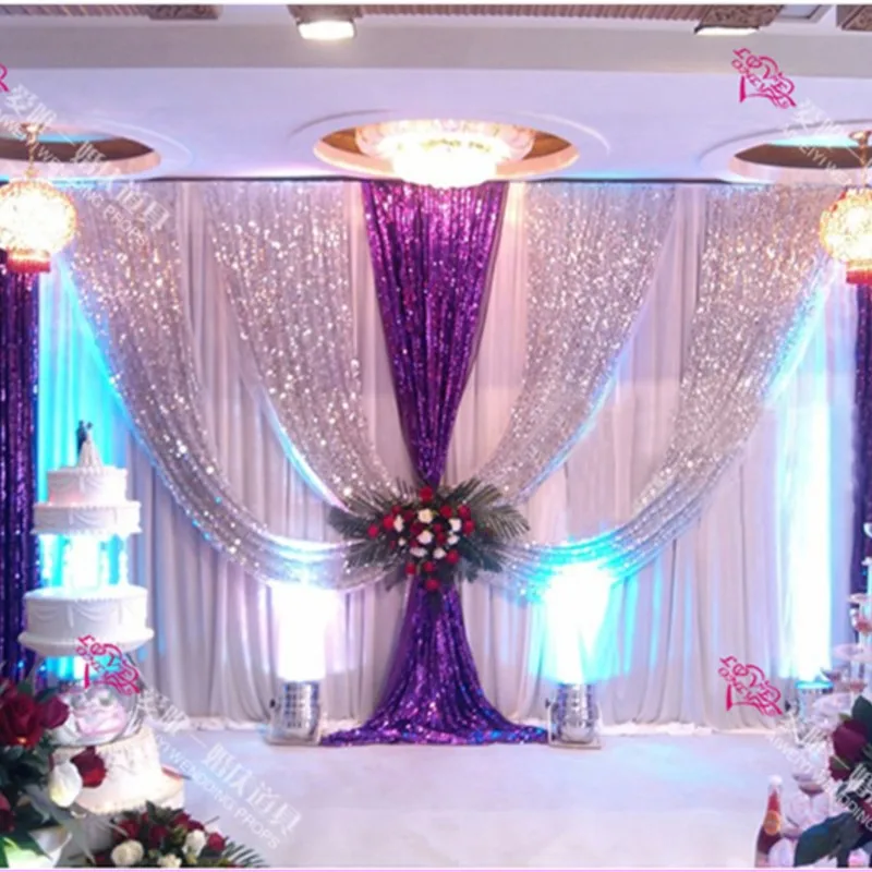 Classic Style 3m * 6m Purple Wedding Backdrop With Sequin Swag Wedding ...