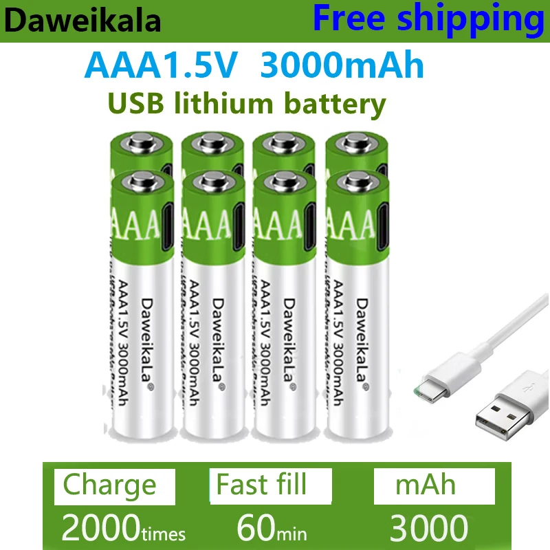 Daweikala USB AAA Rechargeable Batteries 1.5V 3000 mAh li-ion battery ...