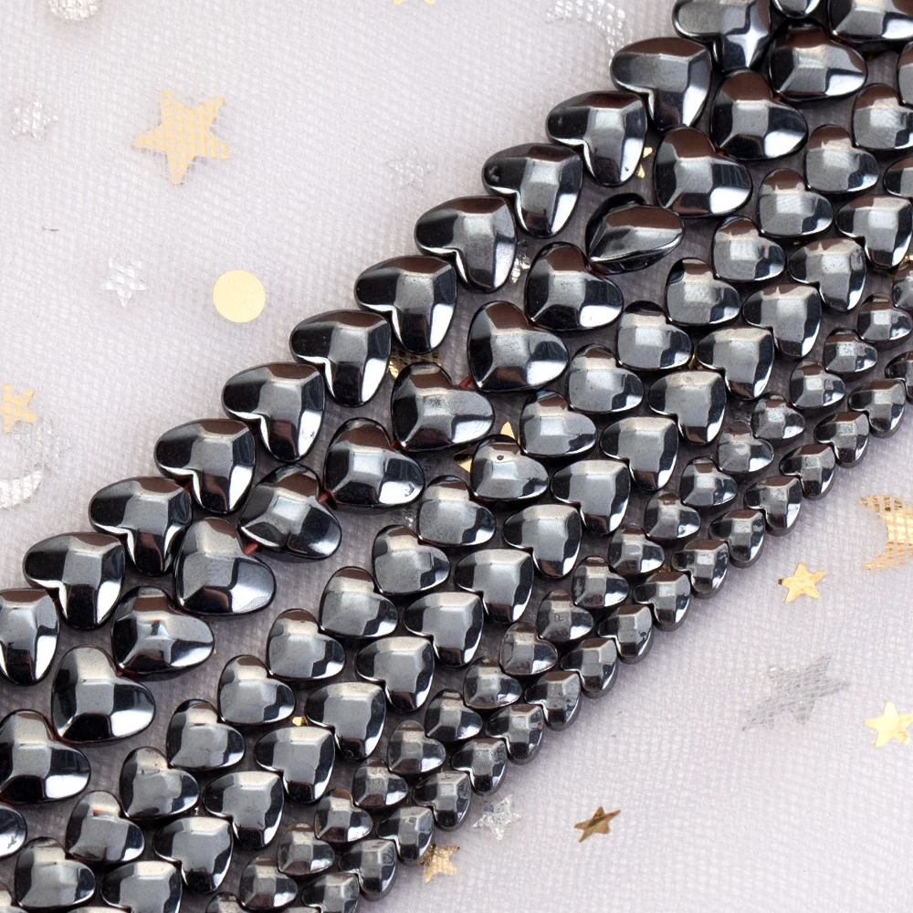 Natural-Stone-Faceted-Heart-Shape-Black-Hematite-Loose-Spacer-Beads-for ...