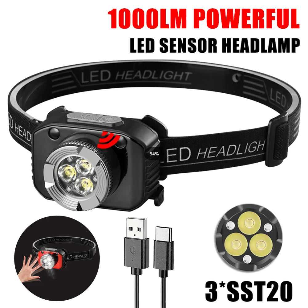 Powerful-3LED-Motion-Sensor-Headlamp-Rechargeable-Head-Flashlight-Built ...
