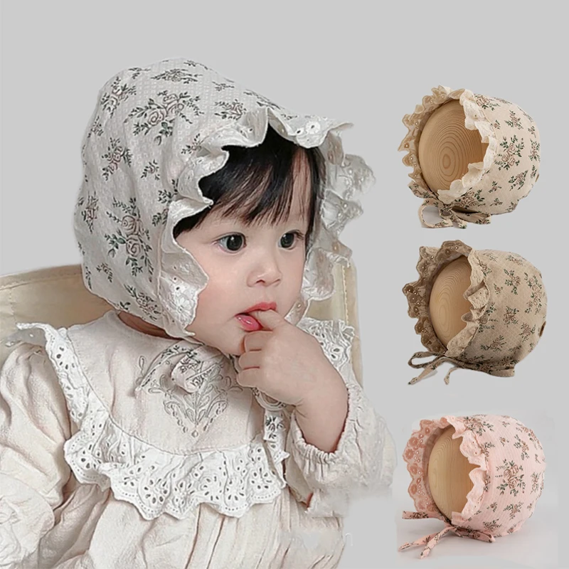Lace Ruffle Baby Court Hat Flower Print Infant Girl Lacing Cap Soft ...