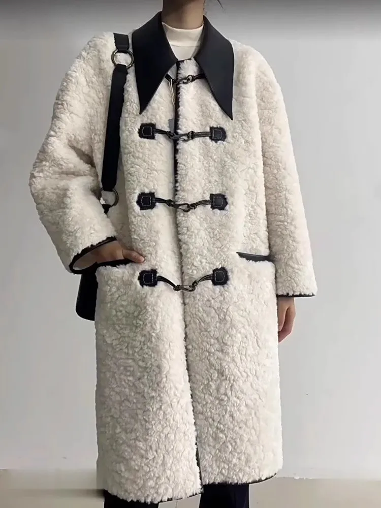 Beige Lamb Wool Coat Women'S Winter High Grade Cow Horn Button Design ...