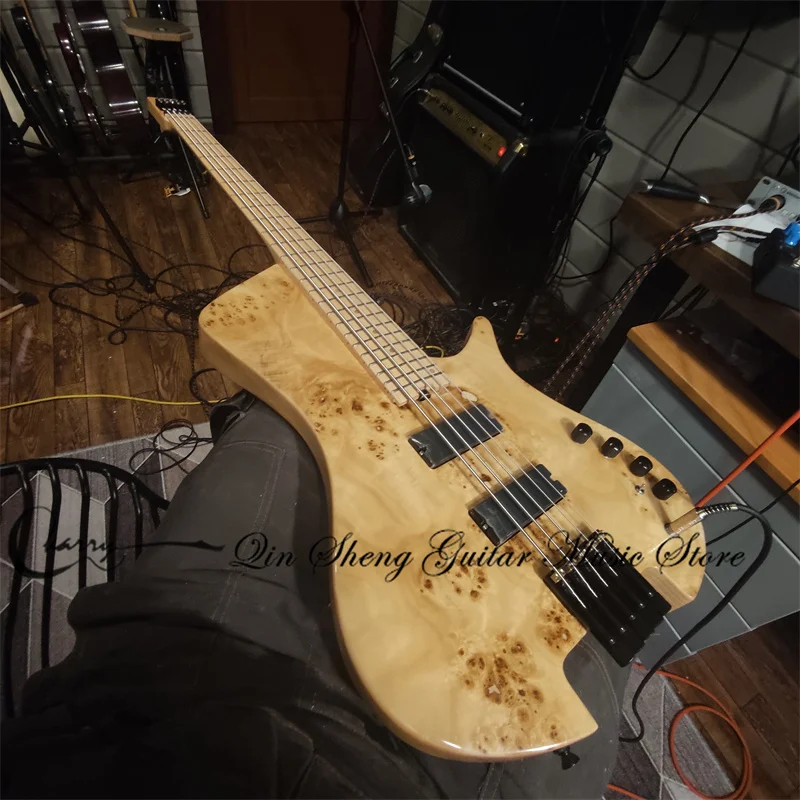 5-String-Bass-Guitar-Headless-Bass-Naturl-Bass-ASH-Wood-Body-Burl-Maple ...