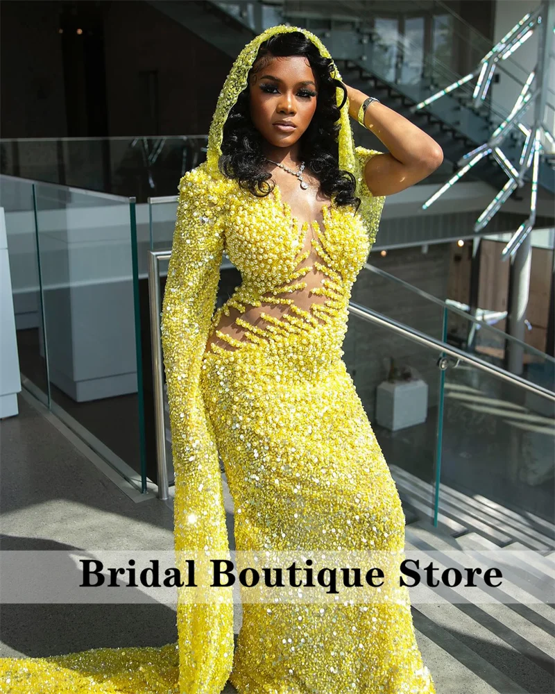 Glitter-2024-Yellow-Evening-Dress-With-Veil-Sparkly-Beads-Crystals ...