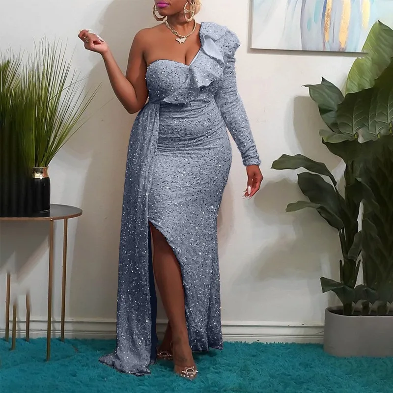 Robe-taille-haute-paillettes-pour-femmes-robe-de-soir-e-mince-volants ...