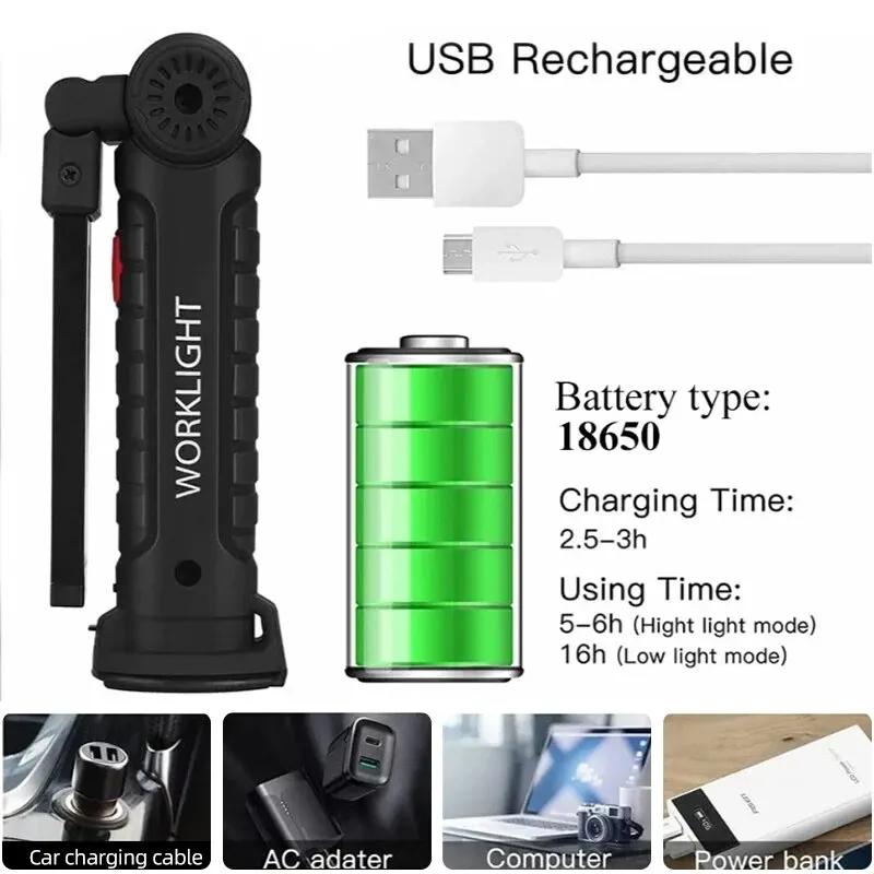 USB-Rechargeable-Camping-LED-Flashlight-Work-Light-Magnet-and-Hook ...