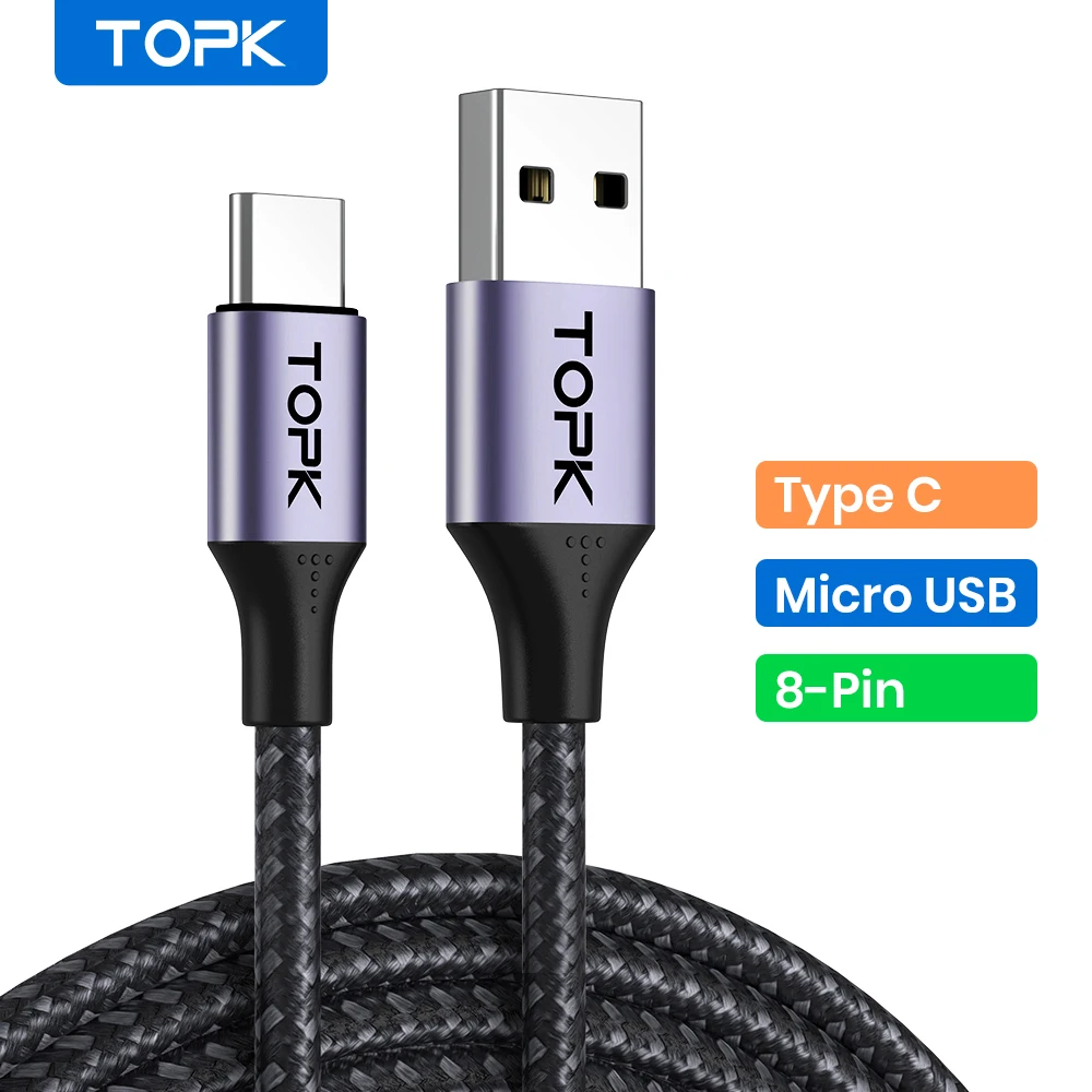 TOPK 3A Fast Charging Micro USB Type-C Phone Charger Cable - 1 m (Micro ...