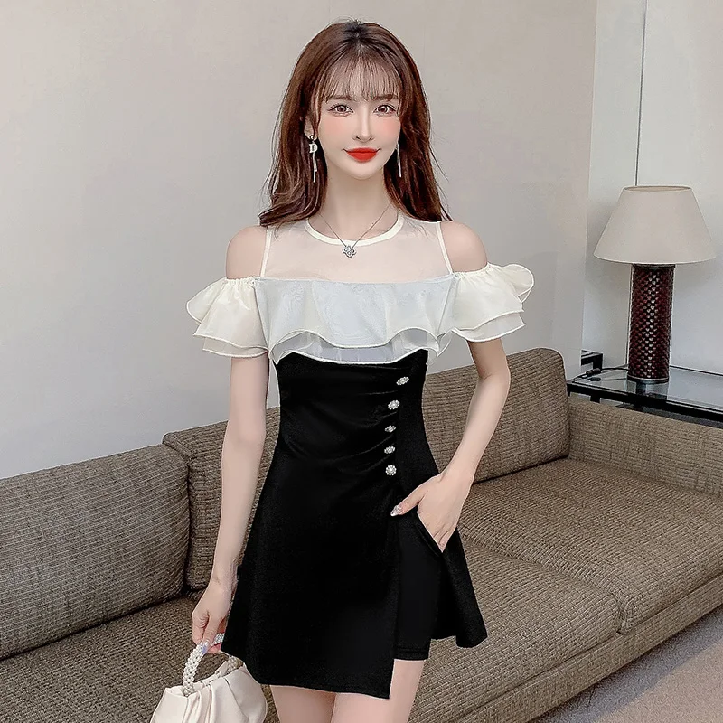 여성용 슬림 라운드넥 콜드 숄더 원피스 및 반바지 정장 여름 신상 스타일 스티칭 캐주얼 패션 2 피스 세트