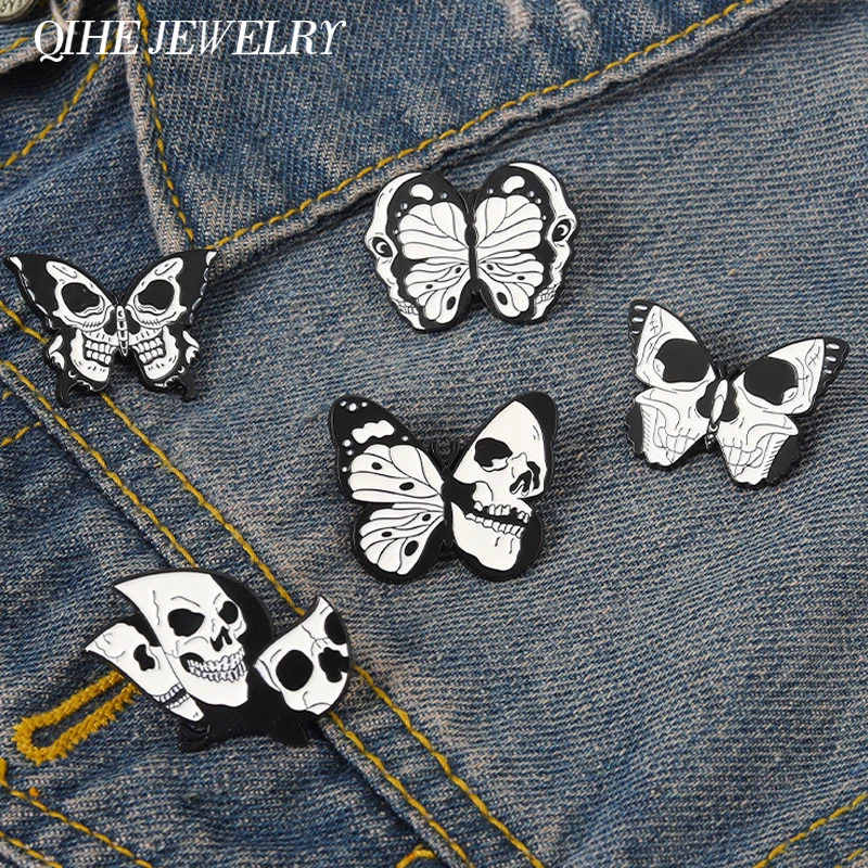 Skeleton-Butterfly-Enamel-Pins-Black-Skull-Custom-Gothic-Punk-Lapel ...