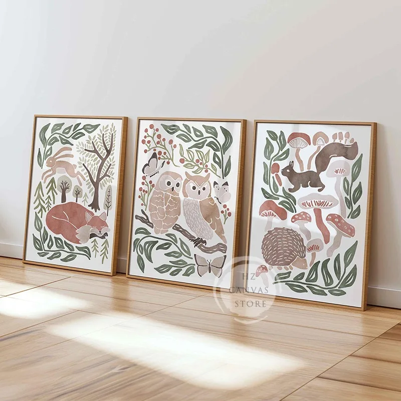 Woodland Animal Fox Squirrel Owl Poster Print Canvas Painting Forest ...
