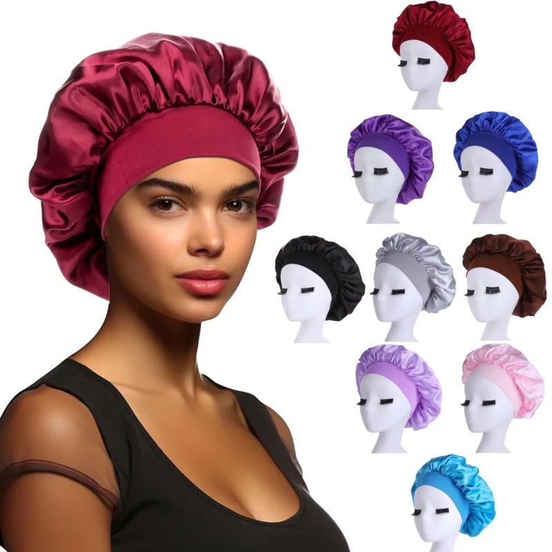 Women-Sleeping-Caps-Bathroom-Satin-Solid-Color-Stretch-Bonnets-Shower ...