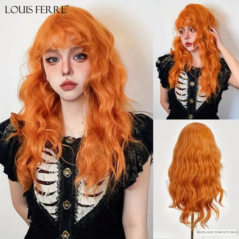 LOUIS FERRE Curly Synthetic Wigs for Women Orange Ginger Long Wavy Hair ...
