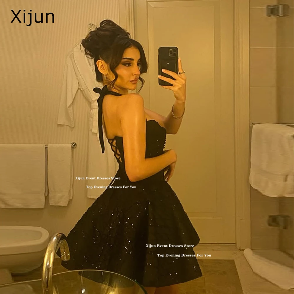 Xijun Glitter Black Short Evening Dresses Sweetheart A-Line Sleeveless ...