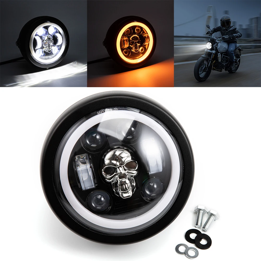 Faro LED para motocicleta de 6,5 pulgadas, faro Retro Halo DRL para ...