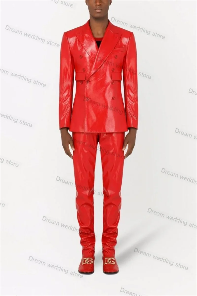 Red-Pu-Leather-Men-Suit-Set-2-Pieces-Blazer-Pants-Formal-Coat-Jacket ...