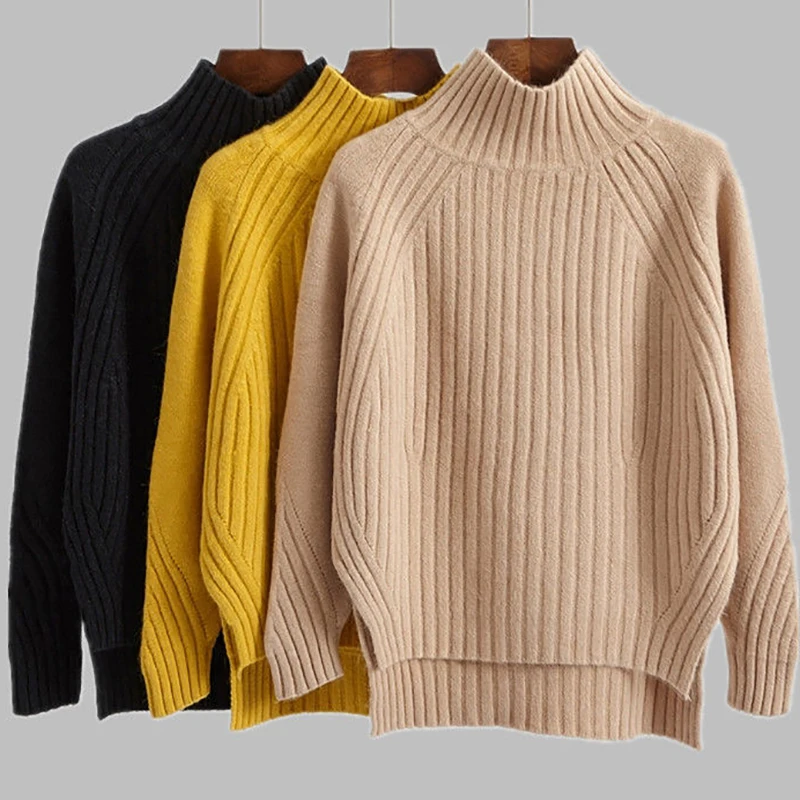 HELIAR-Women-Solid-Mock-Neck-Loose-Pullover-Sweaters-Knit-Split-Stripe-Jumpers-Casual-Office ...