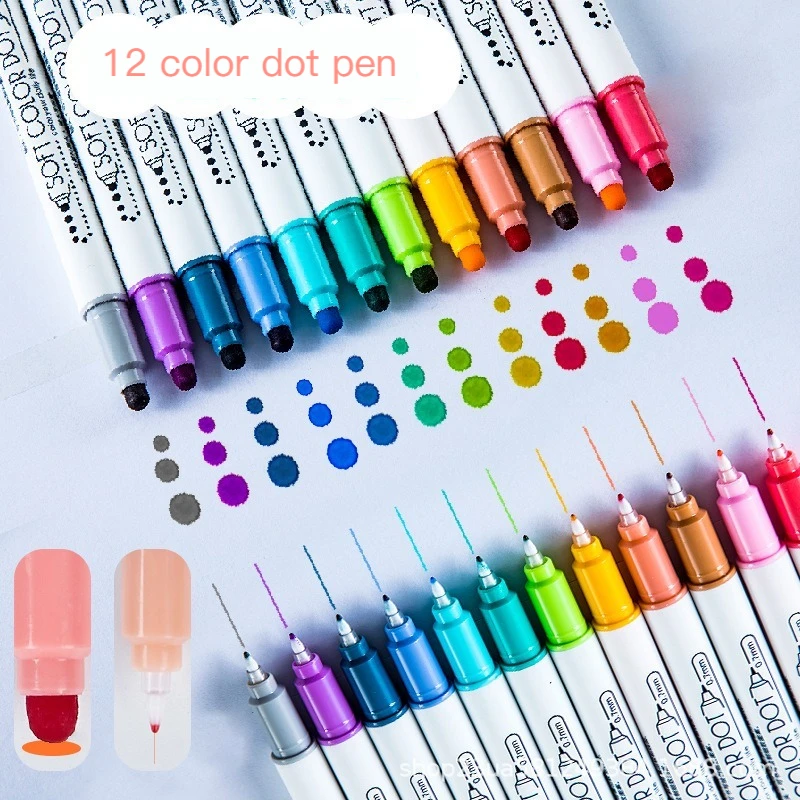 Dual Tip DOT Art Marker Pens 6/12 Colors Round DOT Fiber Fine Tip for ...
