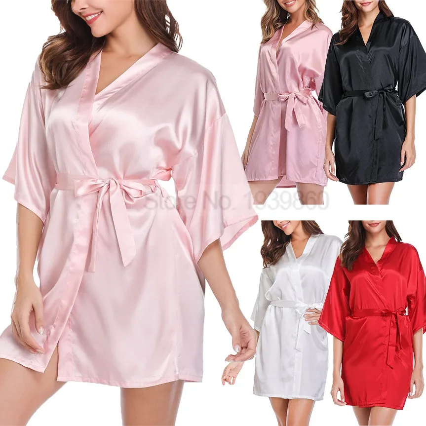 Seda Cetim Robe Feminino Cor Sólida Kimono Roupões De Banho Casa ...