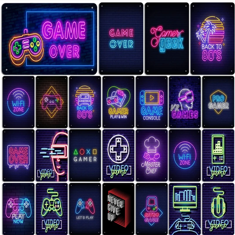 Neon-Video-Game-Metal-Tin-Signs-Gaming-Hall-Vintage-Poster-Gamer-Room ...