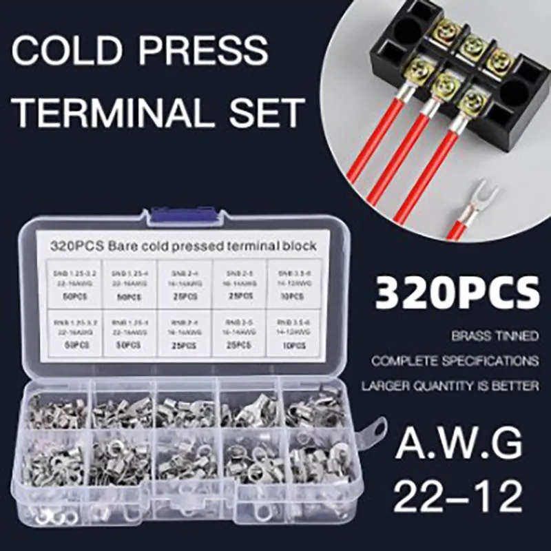 320Pcs-10-in-1-Terminals-Non-Insulated-Ring-Fork-U-Type-Brass-Terminals ...