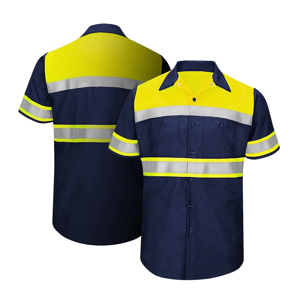 Two Tone Short Sleeve Safety Work shirt Reflective Workwear 100% Cotton ...