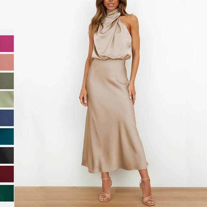 Elegant-Satin-Silk-Halter-Neck-Sleeveless-Women-Dress-Off-Shoulder ...