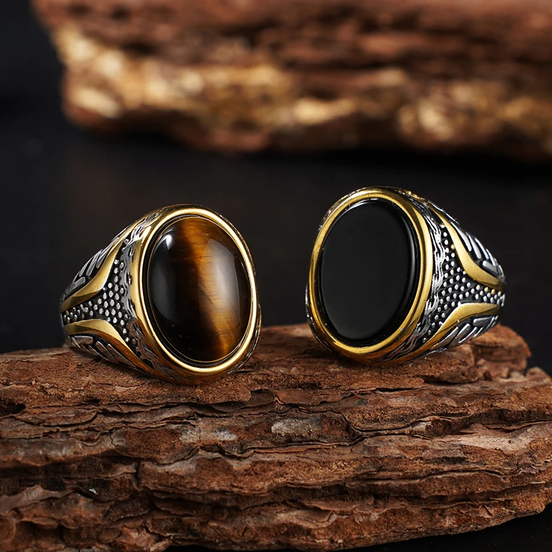 Natural Stone Series for Men Elliptical Ring with Real Tiger's Eye ...