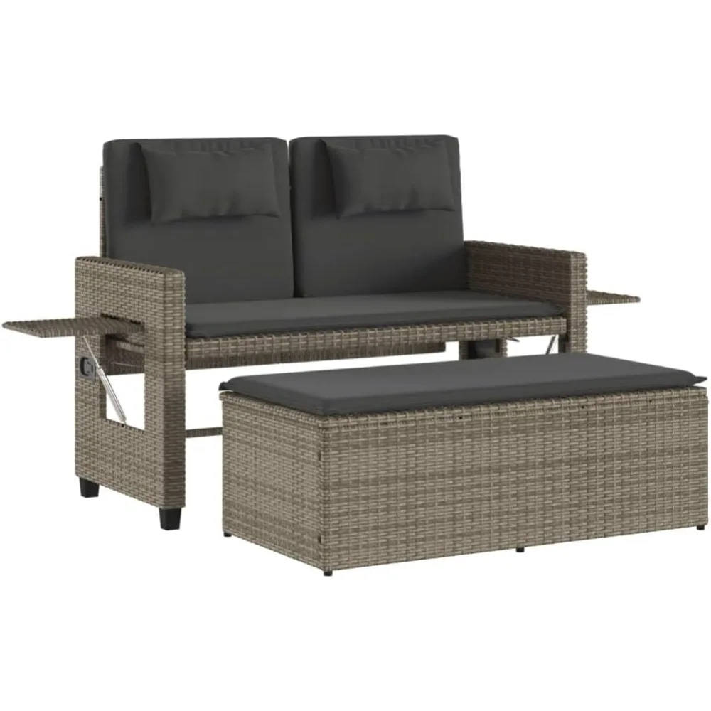 Reclining Patio Bench with Cushions Gray Poly Rattan Outdoor Bench Deck ...