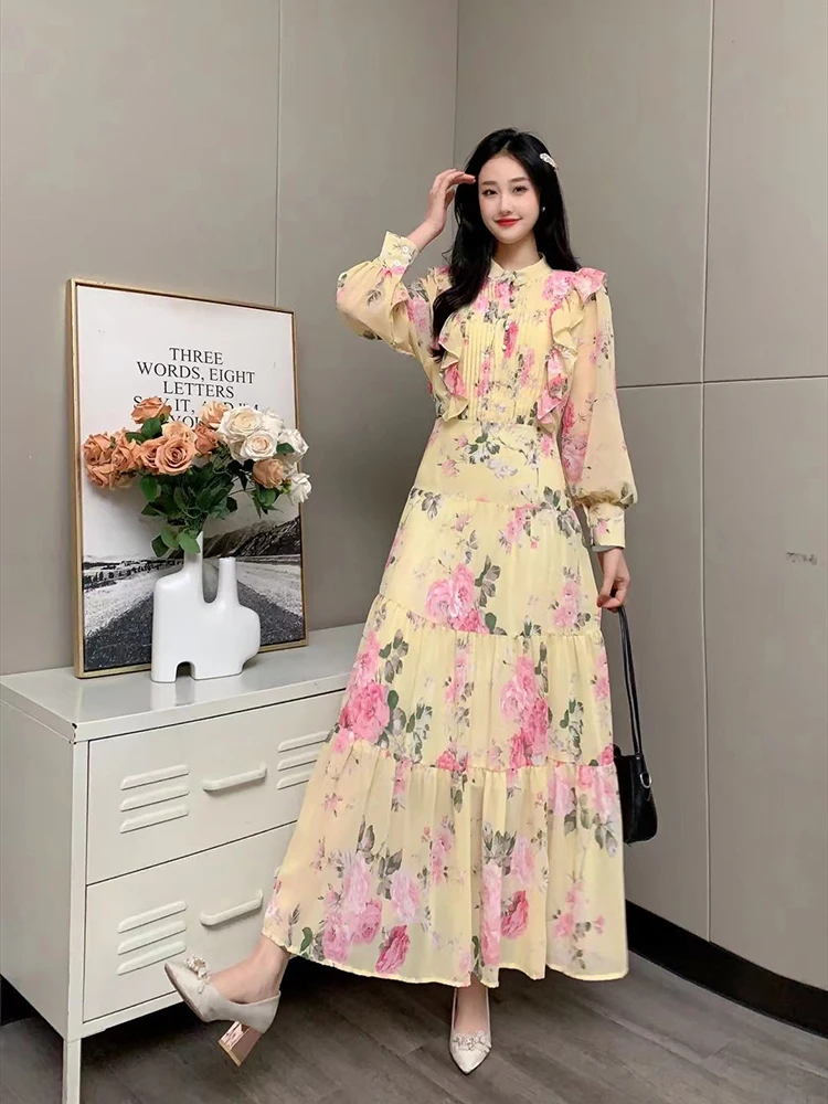 Lente-Herfst-Vintage-Vrouwen-Bloemen-Gedrapeerde-Chiffon-Lange-Jurk ...