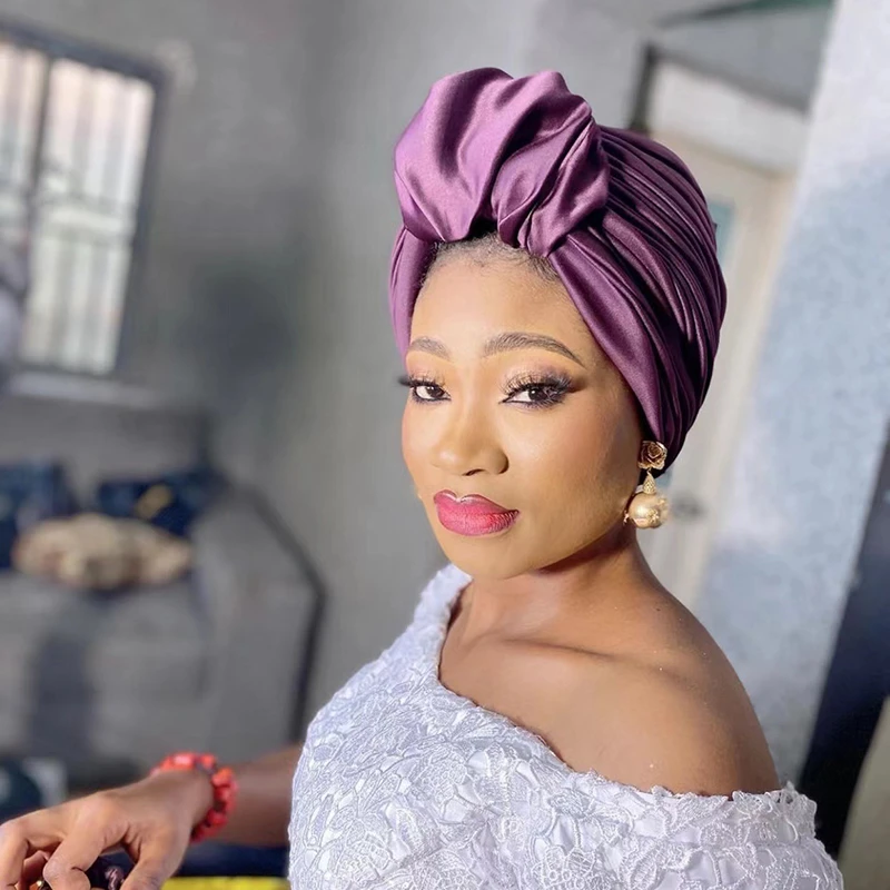 2022 New Satin Loop Ruffled Turban Cap for Women Pleated African Head ...