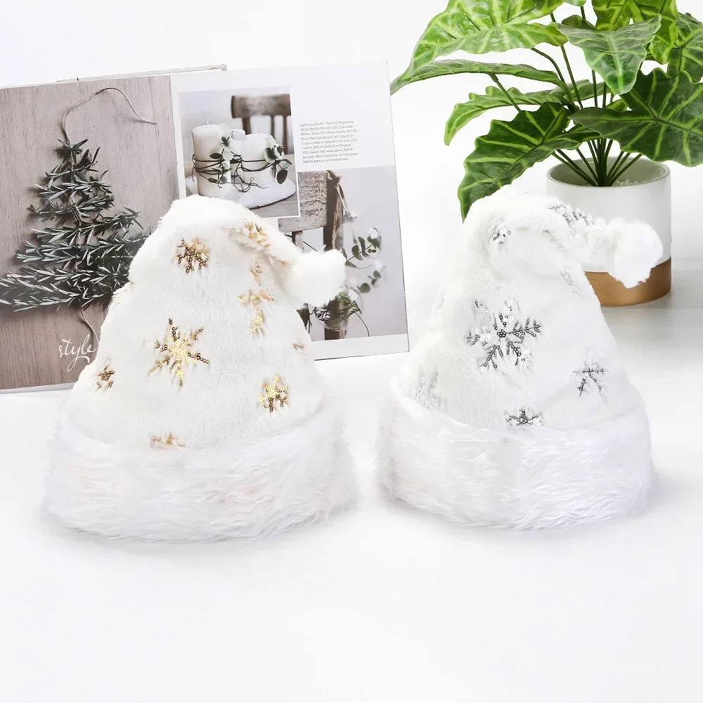 White-Plush-Christmas-Hat-Golden-Sliver-Snowflake-Santa-Claus-Hat-Xmas ...