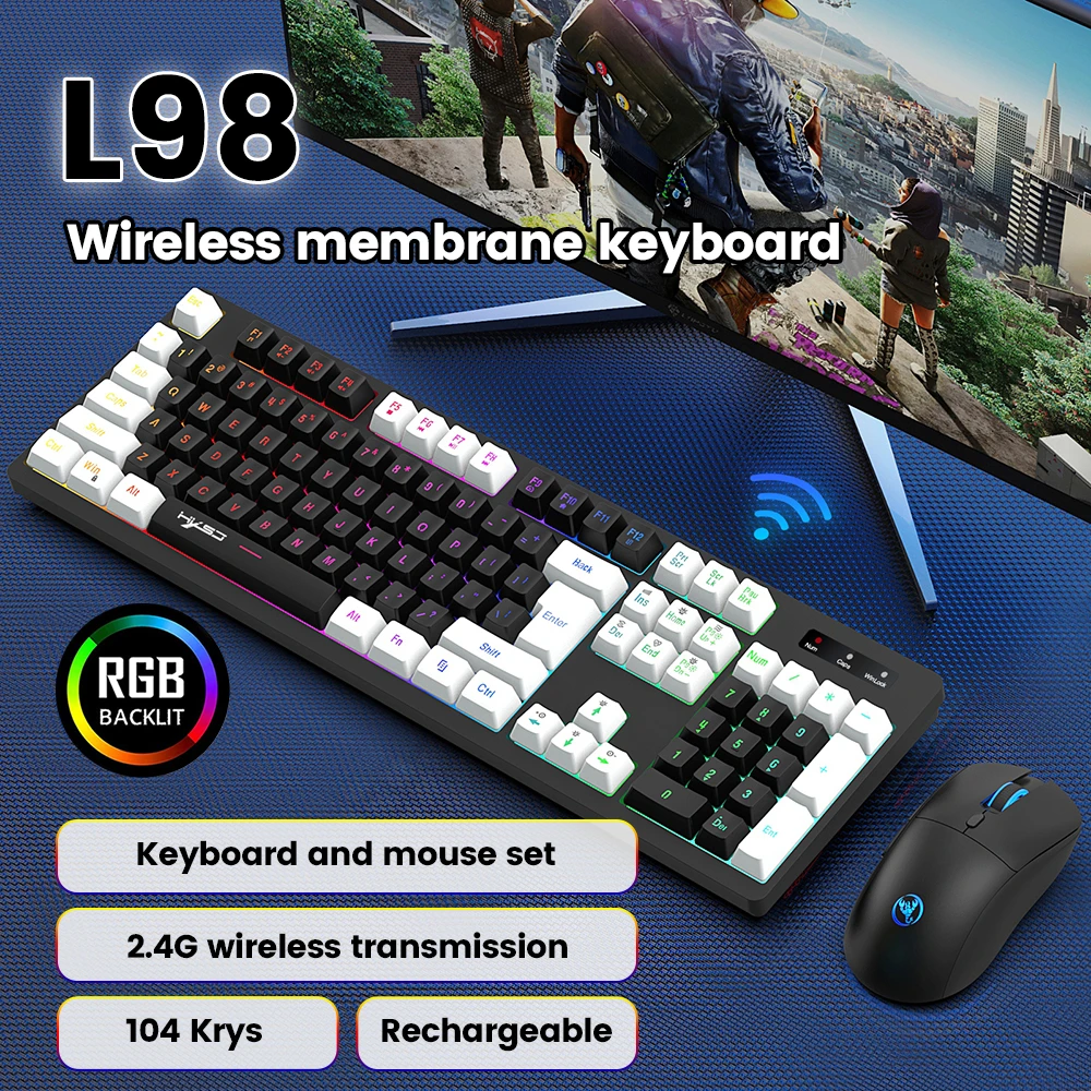 L98 Rechargeable Rgb 104 Key Ergonomic Membrane Keyboard + 2.4g Wireless Transmission ...