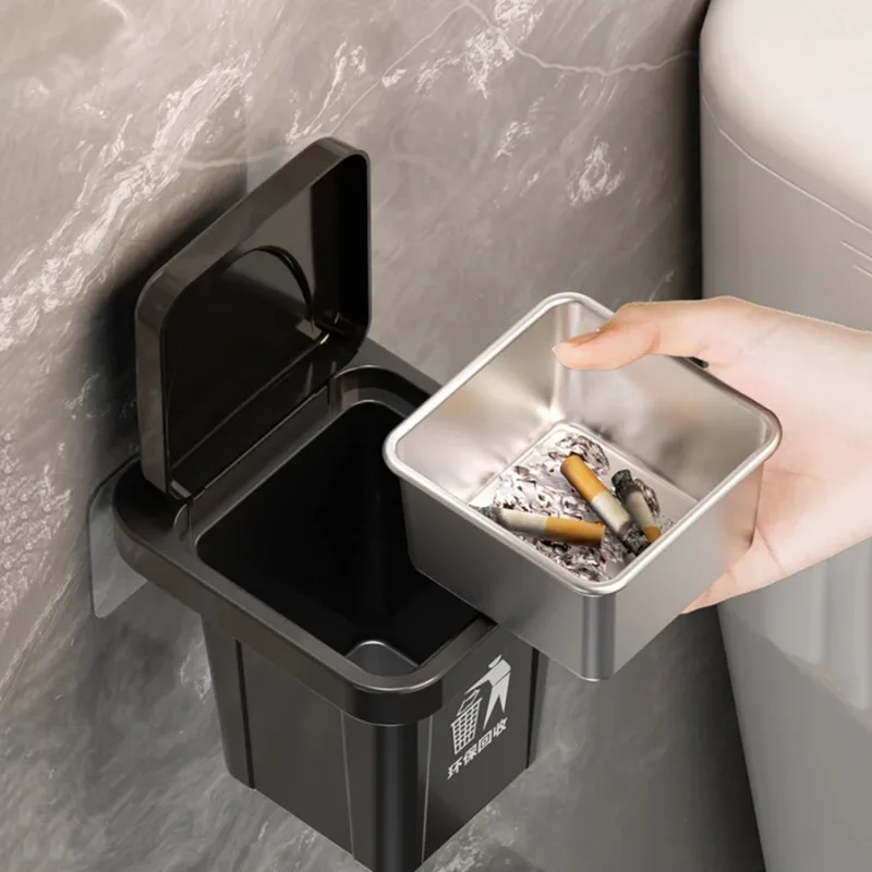 Stainless Steel Wall-hanging Ashtray With Lid Trash Can-shaped Bathroom ...