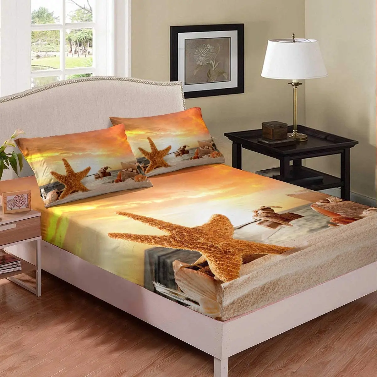Yellow-Starfish-Fitted-Sheet-Beach-Shell-Decor-Sheet-Set-for-Kids-Teens ...