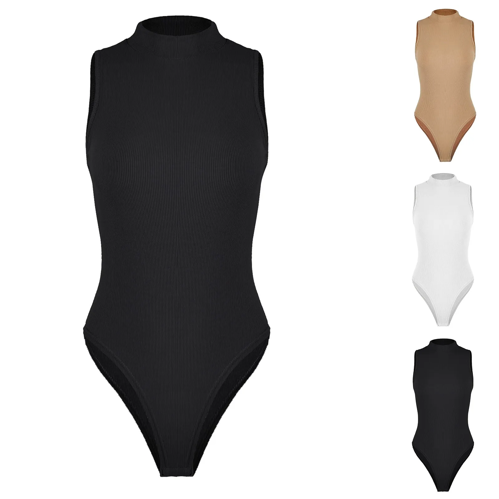 Ladies-Casual-Sexy-Bodysuits-Fashion-Solid-Color-Snap-Button-Rib-Bodysuits-Turtleneck-Round-Neck ...