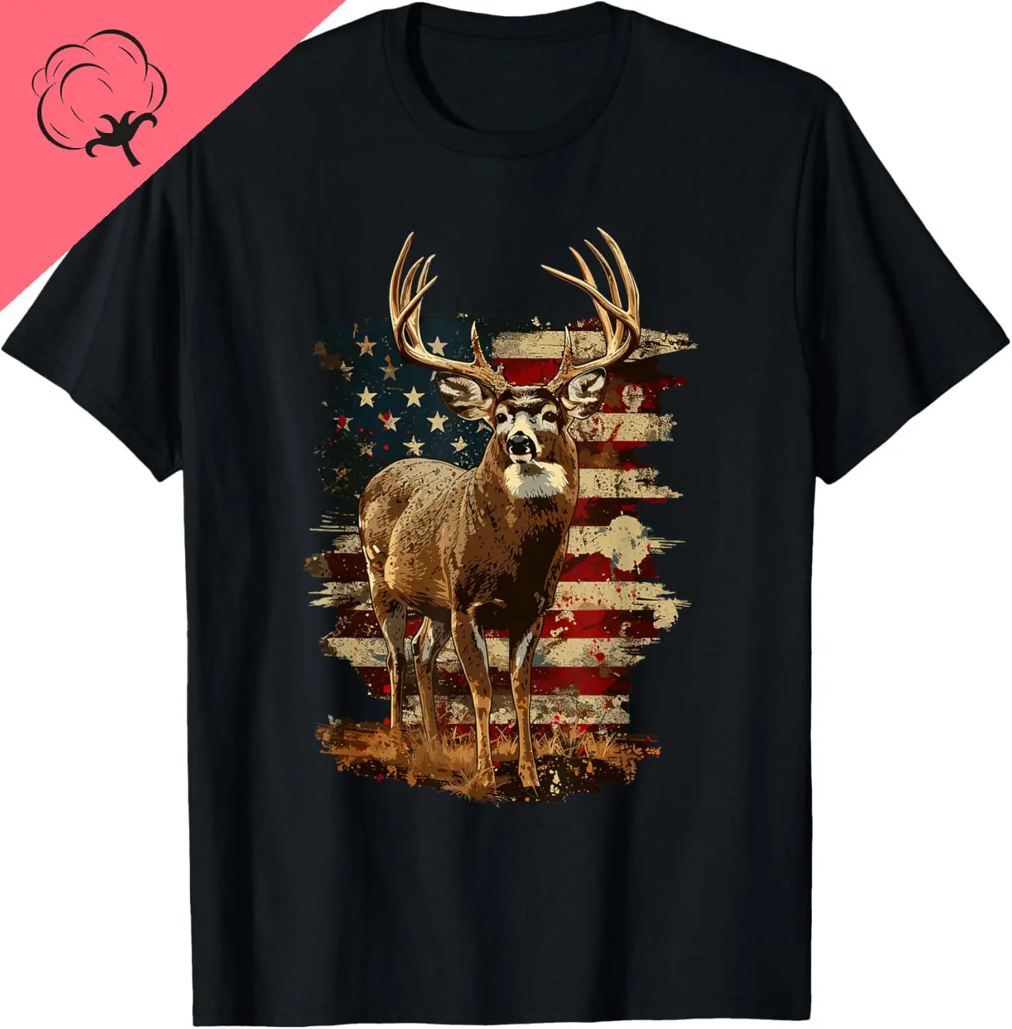 Whitetail Buck Deer Hunting 4th of July USA American Flag T-Shirt ...