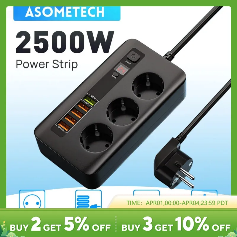 ASOMETECH-EU-Power-Strip-European-Plug-Strip-2500W-Extension-Socket ...