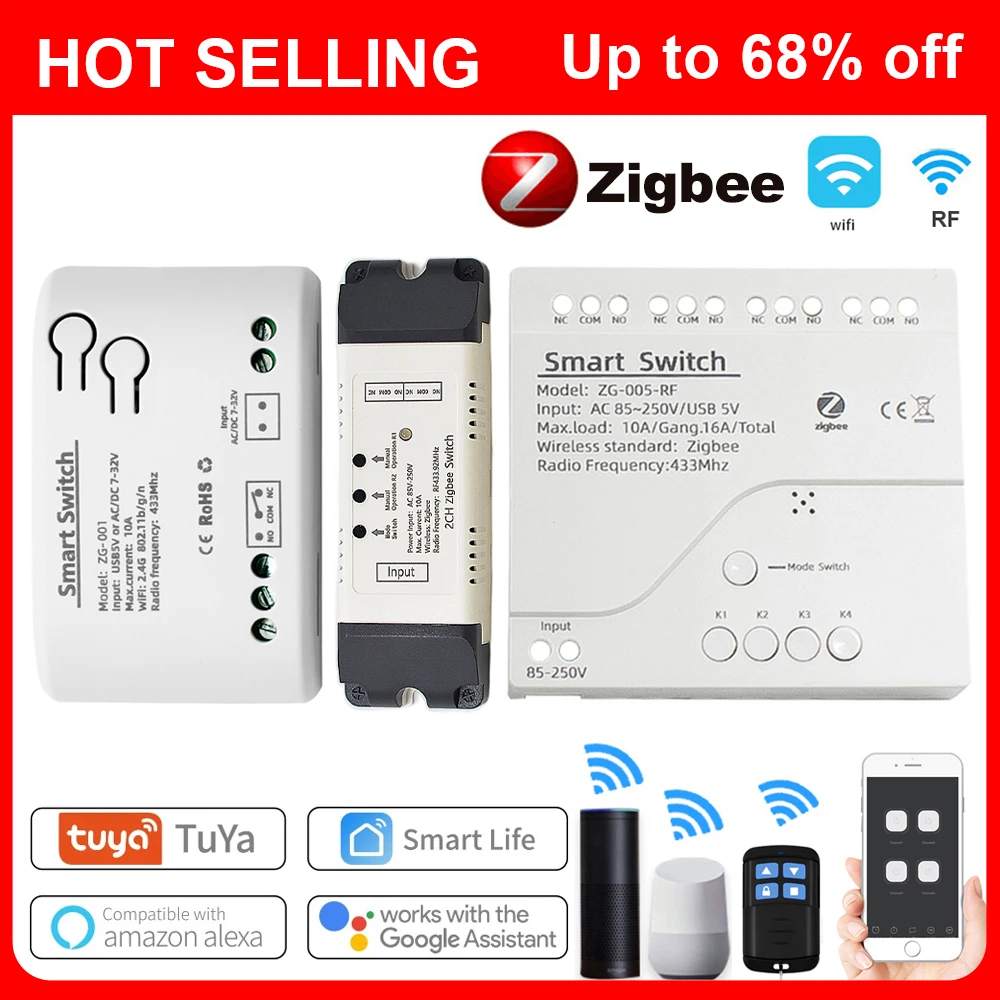 4CH Zigbee Smart Switch 12V 24V 220V AC DC APP Remote Control RF433 ...