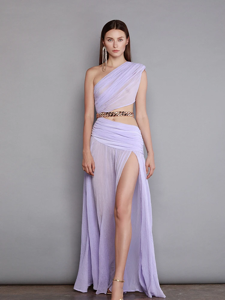 Sexy-One-Shoulder-Chain-Slit-Long-Dress-Elegant-Lavender-Slanted-Neck ...
