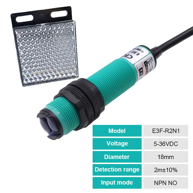 E3F-R2N1 Feedback Reflective Photoelectric Switch NPN PNP DC5-36V Detection Range 2m Adjustable ...