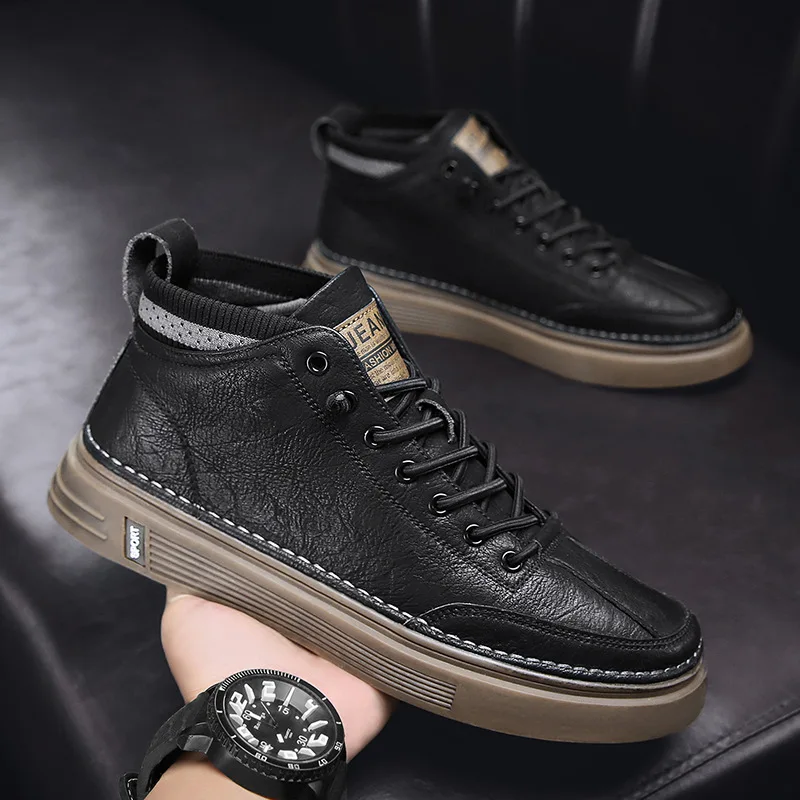 Trend Men's Casual Leather Shoes 2023 New Shoes for Men High-top Black Casual Male Sneakers ...