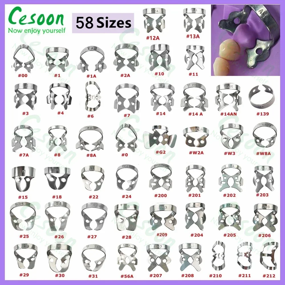 58 Sizes Dental Rubber Dam Clamps Endodontic Restorative Barrier Clips ...