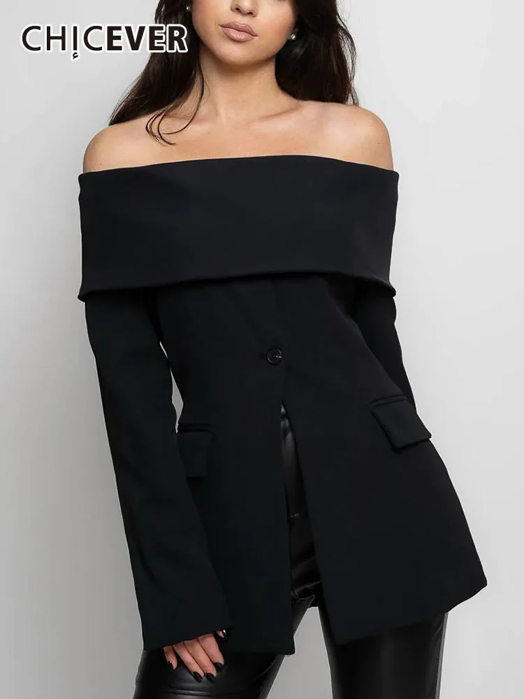 CHICEVER Minimalist Slim Blazer For Women Slash Neck Long Sleeve Of ...