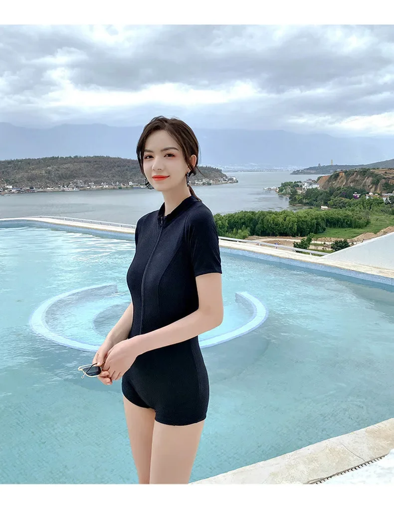 Short Sleeve One Piece Swimsuit Zipper Rash Guard Women Solid Swimwear ...