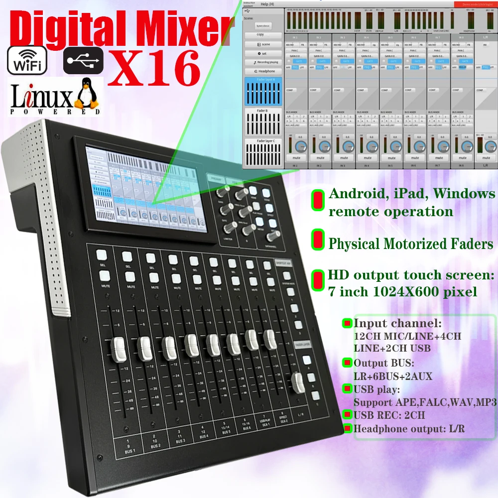 Paulkitson X16 Digital Mixer Audio Professional Sound Table 16-Channel ...