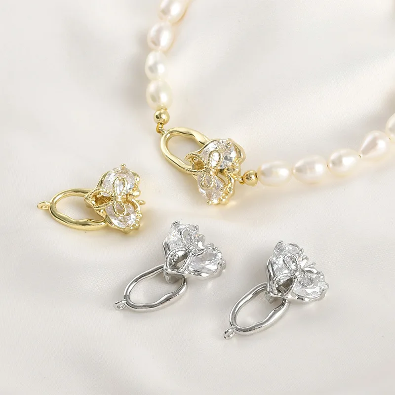 1 Piece Copper-plated Gold Bow Heart-shaped Zircon Oval Connecting ...