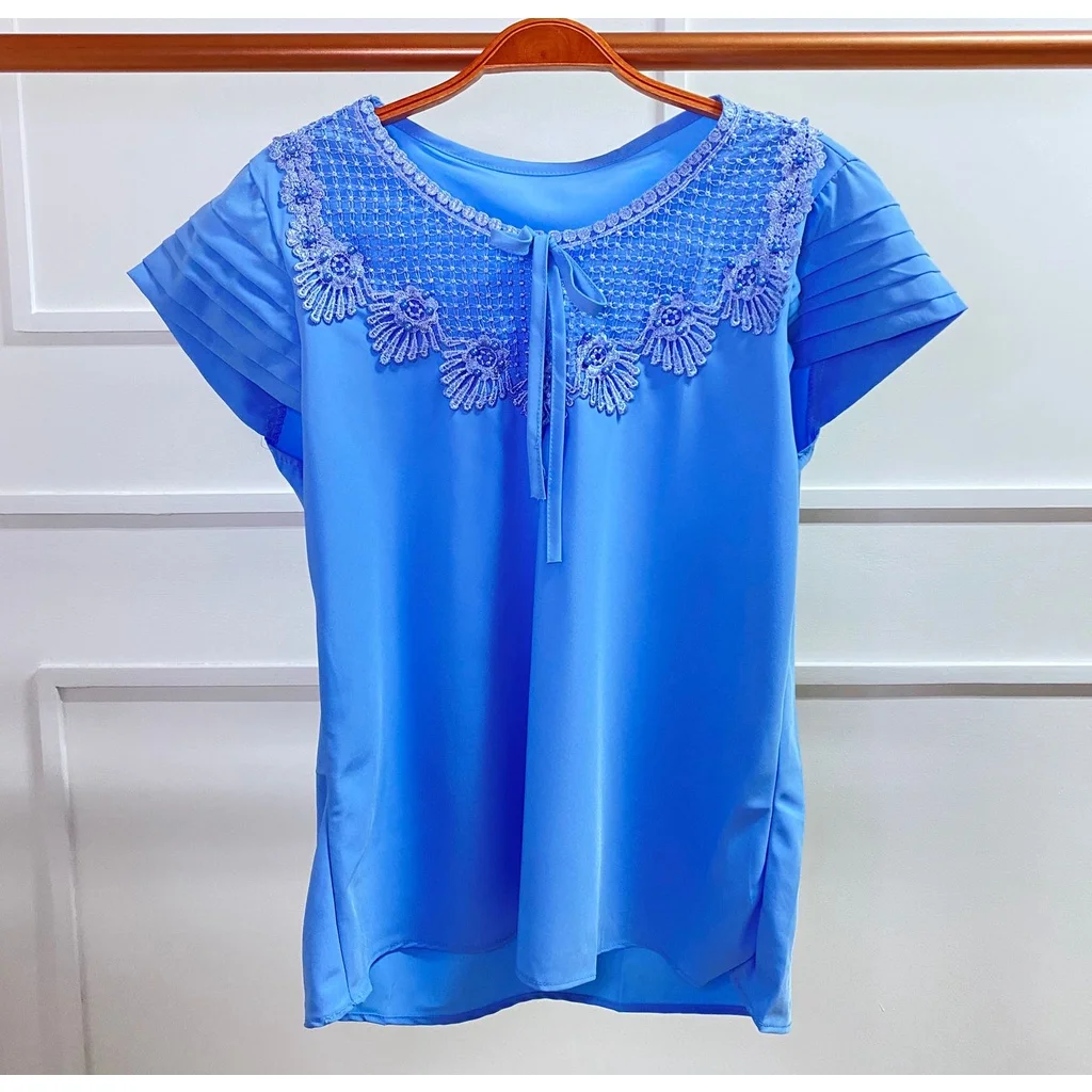 Women-Blouse-Short-Sleeve-Folded-Shallow-Collar-Detail-Guipir-Pearl ...