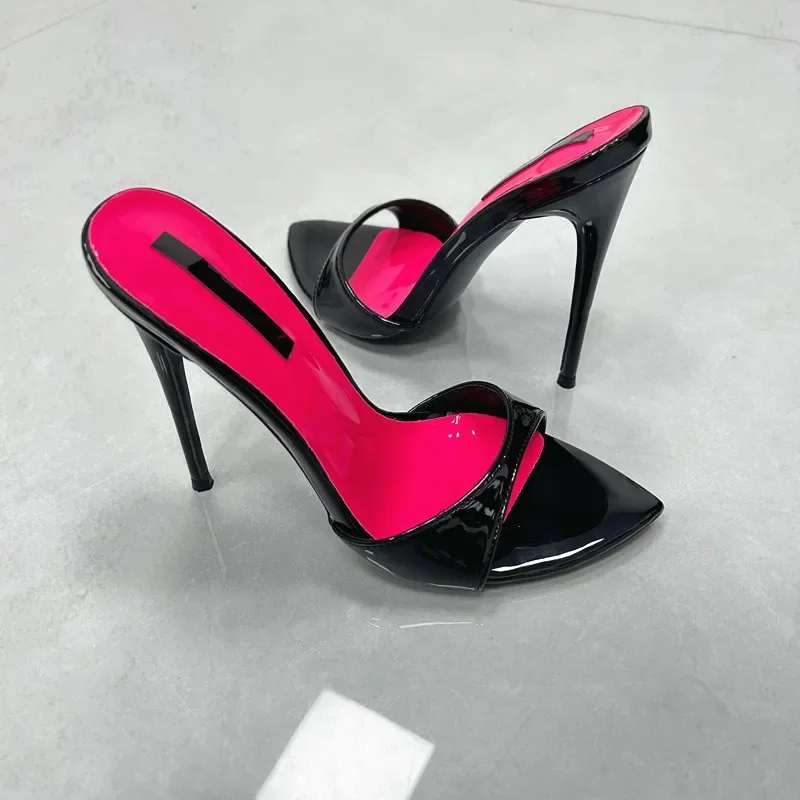 Fashion Woman Black Stilettos 12cm Slipper High Heels Laser Red inside ...