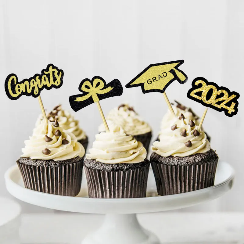 12-24pcs-Graduation-Cake-Toppers-Bling-Gold-Black-Paper-Toppers-for ...