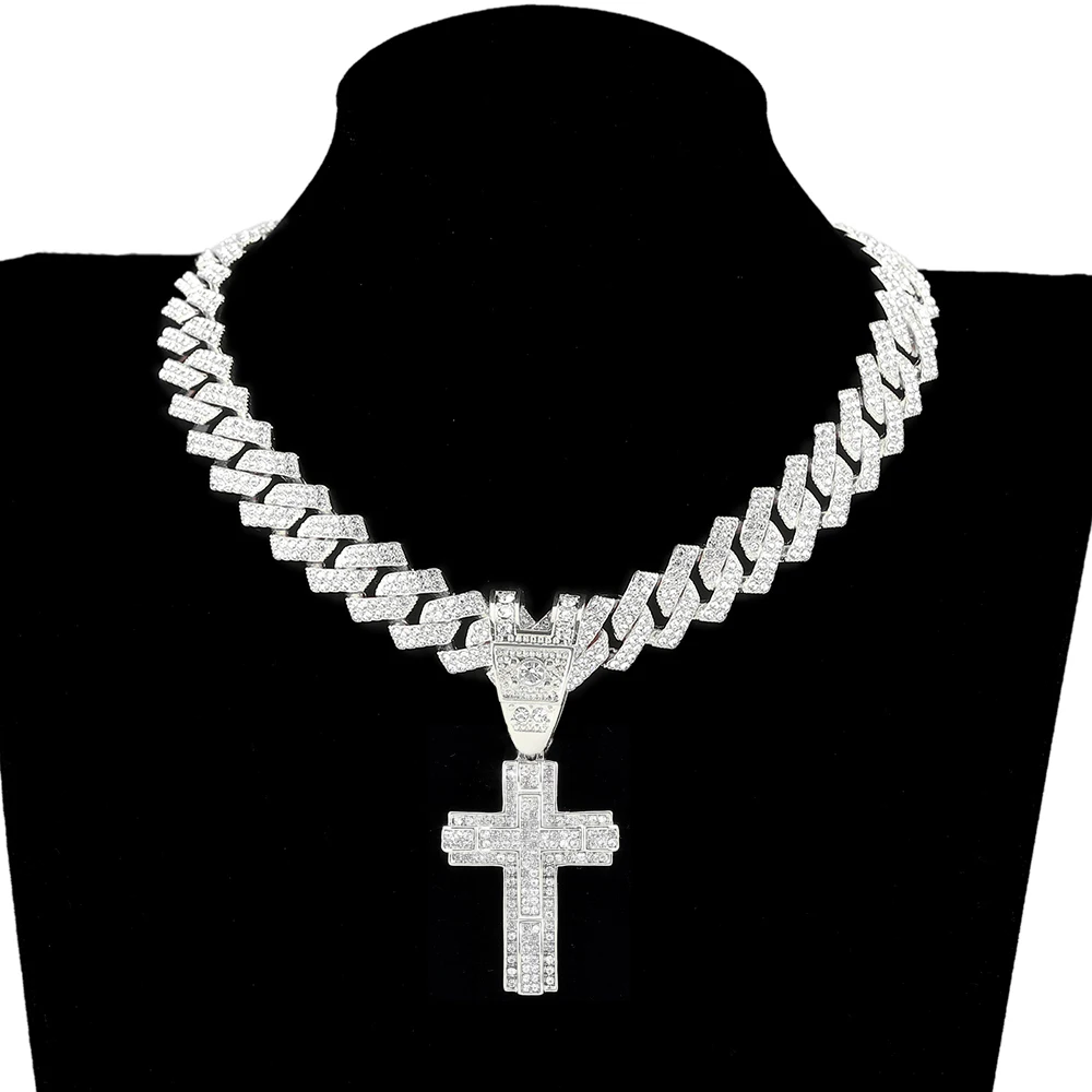 Men Women Hip Hop Cross Pendant Necklace With 16mm Crystal Cuban Chain ...